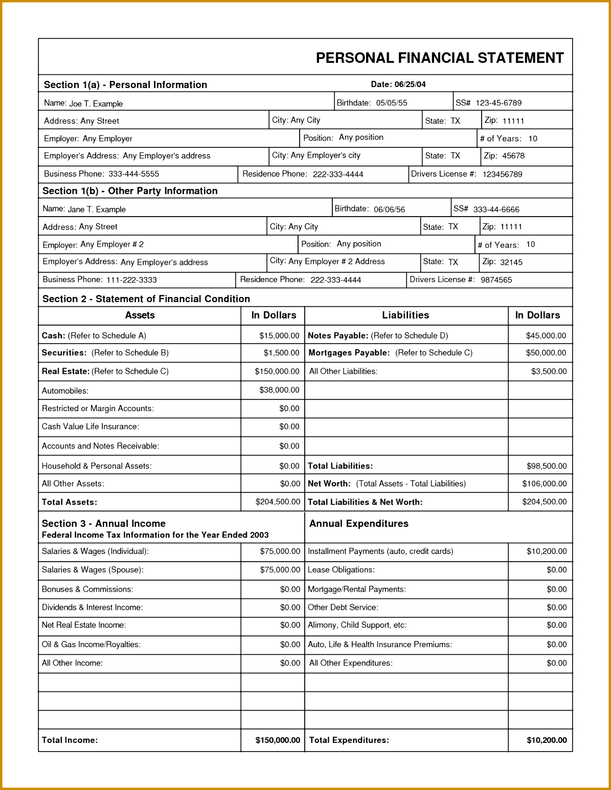 7 Personal Financial Statement Template Pdf | FabTemplatez