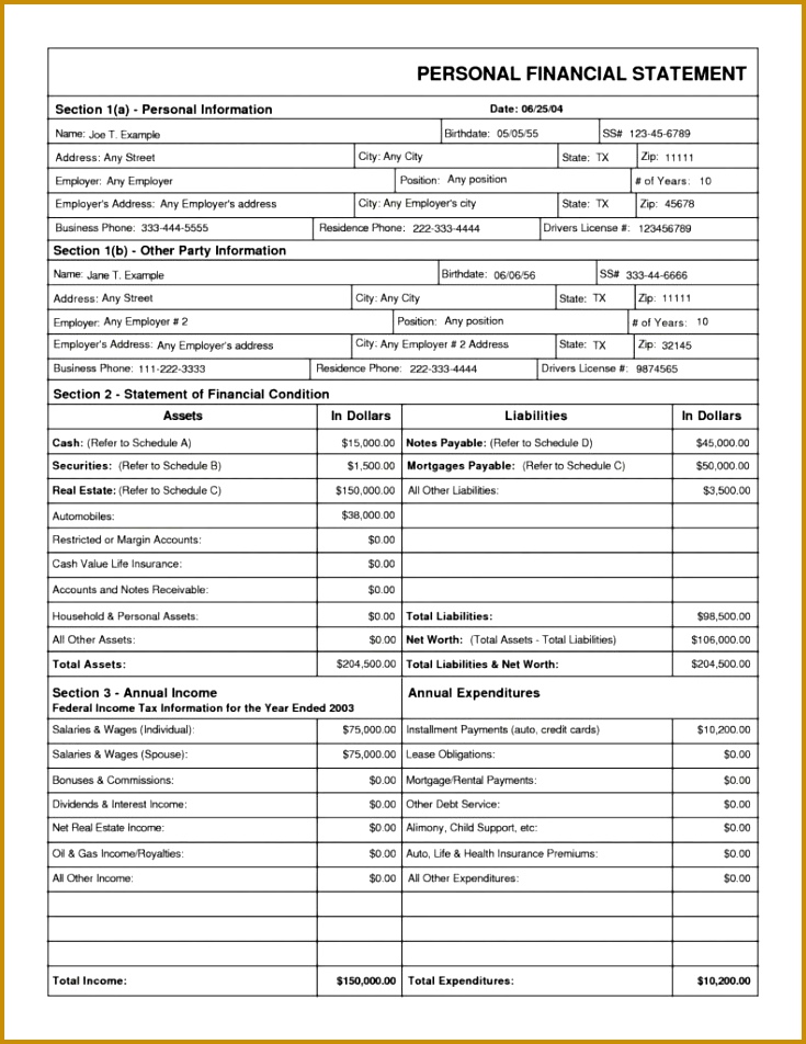 7 Sba Personal Financial Statement Template FabTemplatez
