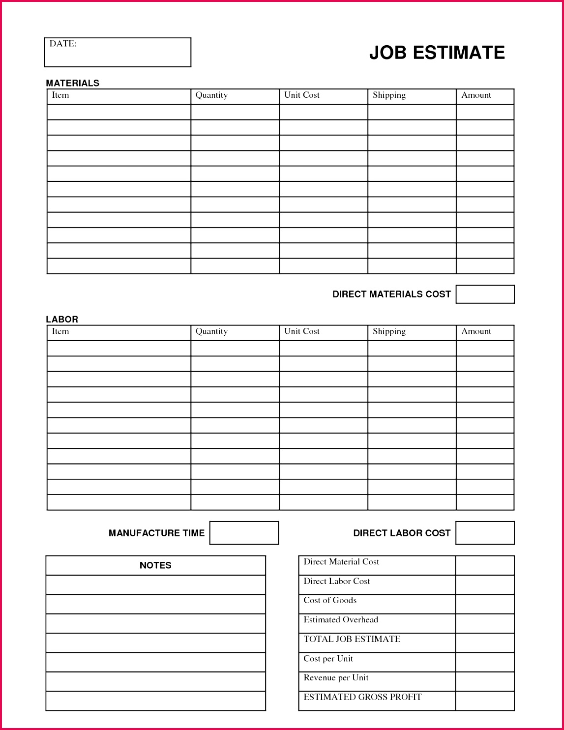 7 Job Cost Sheet Template Excel 53142 | FabTemplatez
